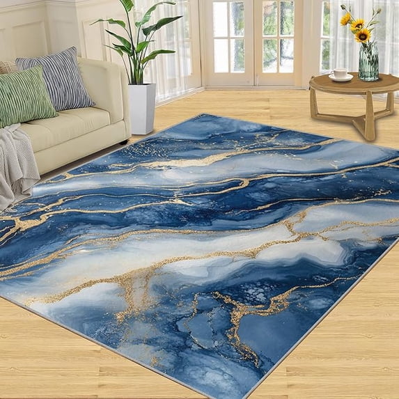 Blue Gold Marble Rug, Modern Luxury Area Rugs for Living Room Bedroom ...