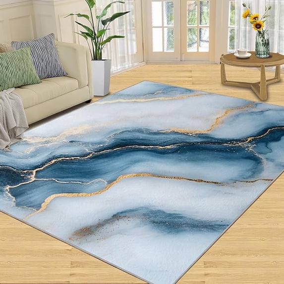 Blue Gold Marble Rugs for Living Room, Modern Rug, Abstract Washable ...