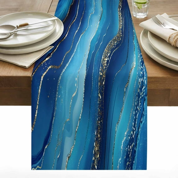Blue and Gold Marble Table Runner 13x90 inch Modern Abstract Ocean Blue ...