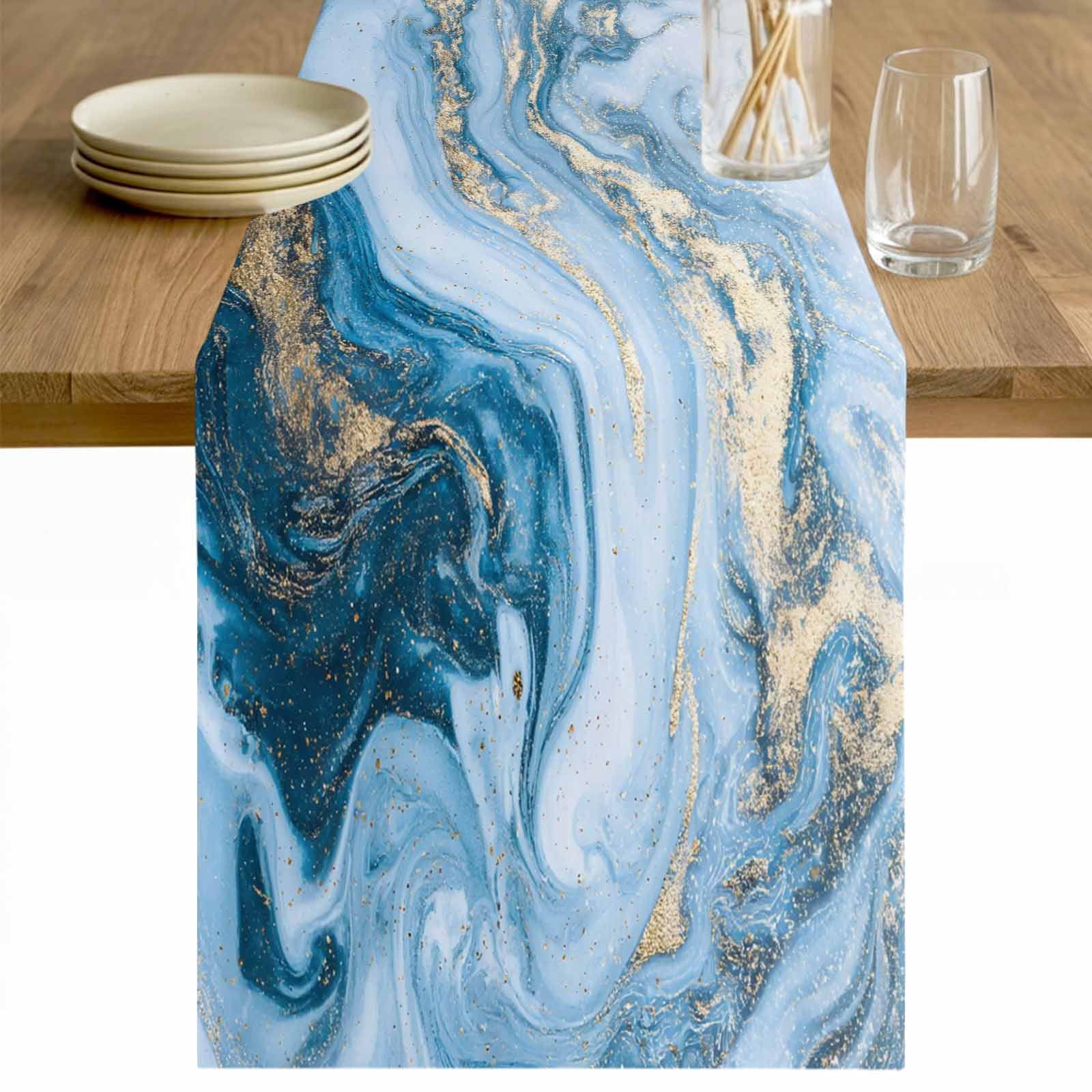 Blue Gold Marble Table Runner - 36 Inch Long Vintage Abstract Geometric ...