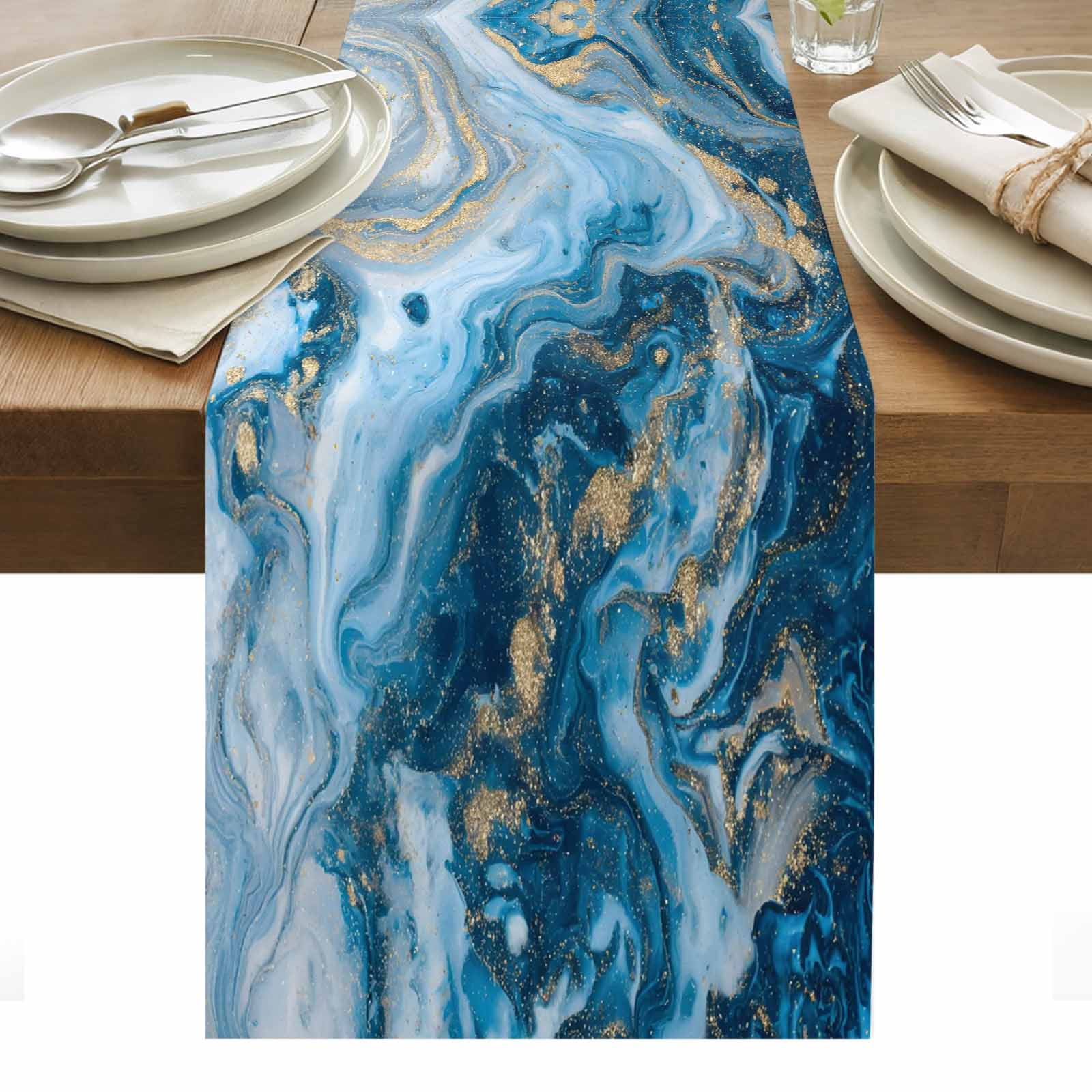 Blue Gold Marble Table Runner - 60 Inch Long, Kitchen Dining Table ...
