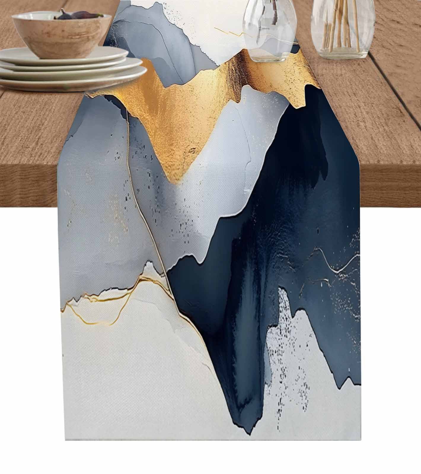 Blue Gold Marble Table Runner 90 Inches, Farmhouse Abstract Mountain ...