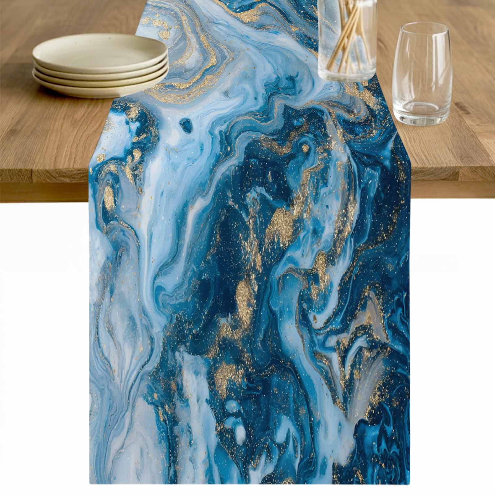 Blue Gold Marble Table Runner 90 Inches Long Farmhouse Dress Scarves ...