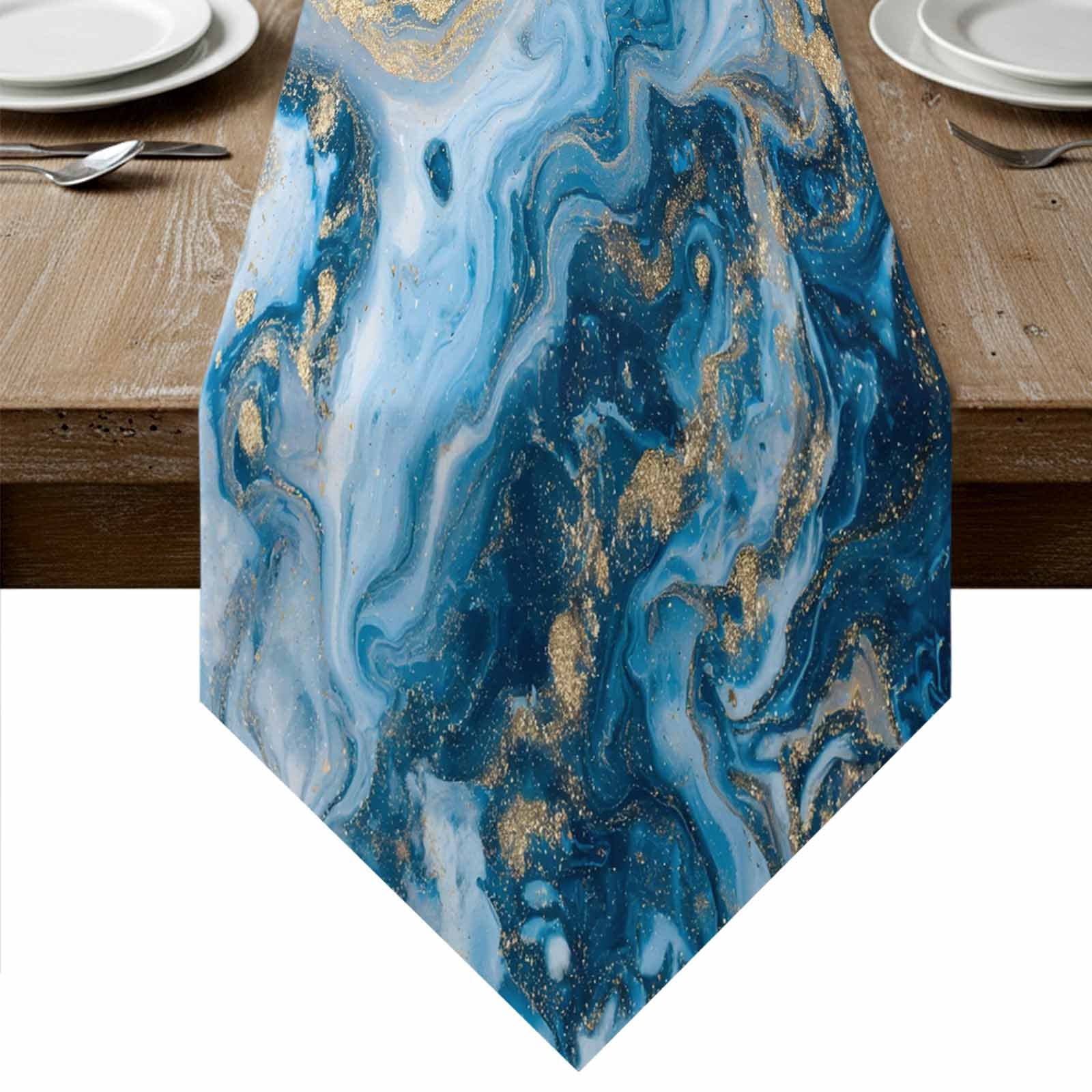 Blue Gold Marble Table Runner Linen Burlap Table Runner 36 Inches Small ...