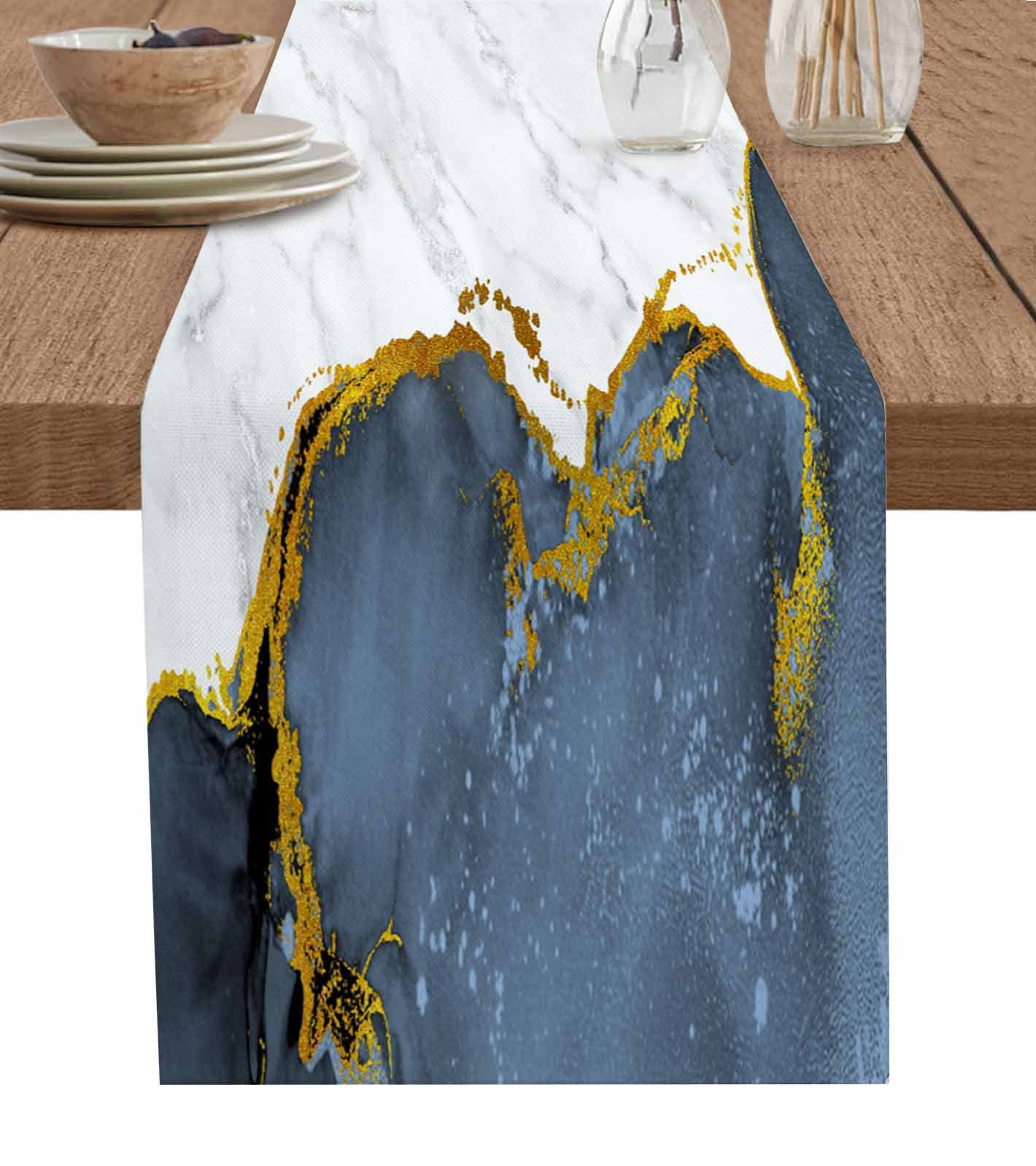 Blue Gold Marble Table Runners 120 Inches Long, Cotton Linen Fabric ...