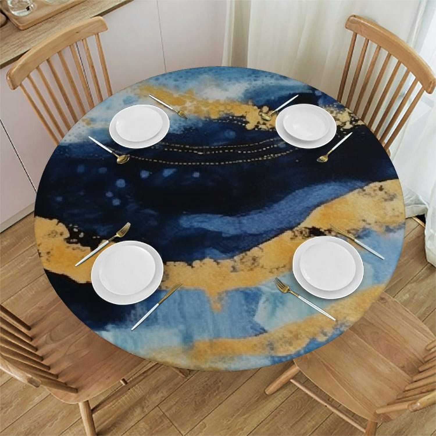 Blue Gold Marble Tablecloth Round Stone Texture Liquid Paint Glitter ...