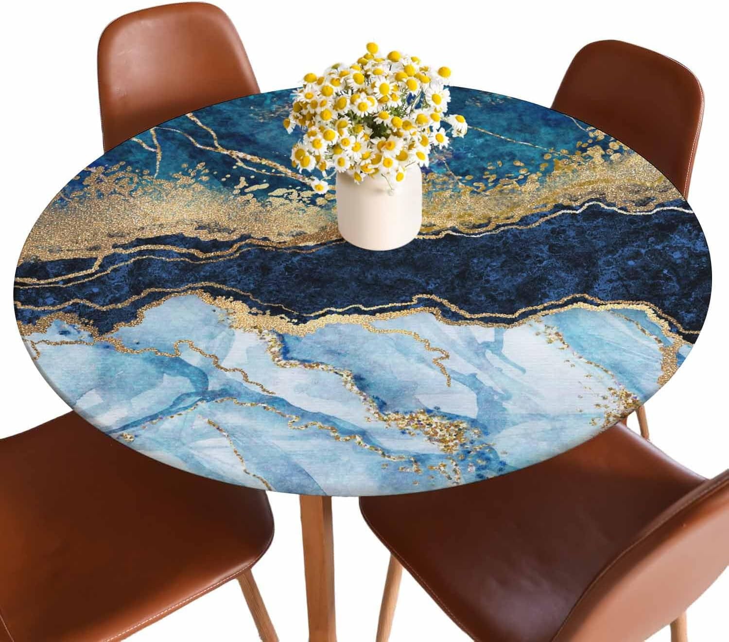 Blue Gold Marble Tablecloth Round Stone Texture Liquid Paint Glitter ...
