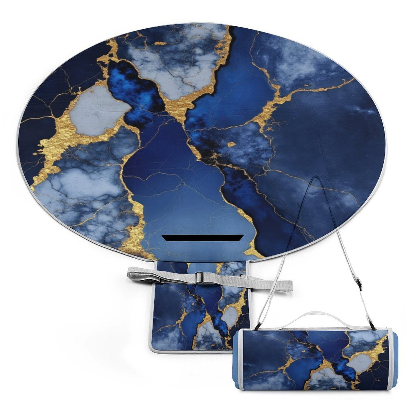 Blue Gold Marble Texture(1)-1 58" Round Waterproof Picnic Blanket ...