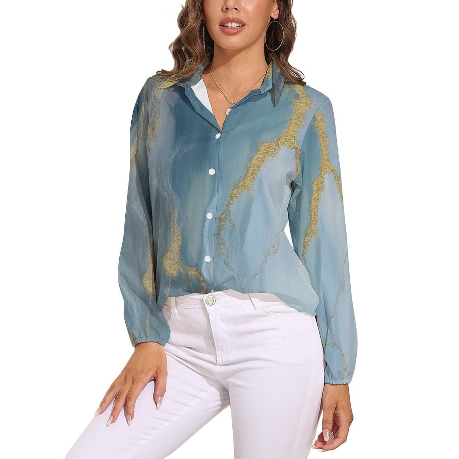 Blue Gold Marble Texture(1) Vntage Casual Long Sleeve Shirt Blouse ...