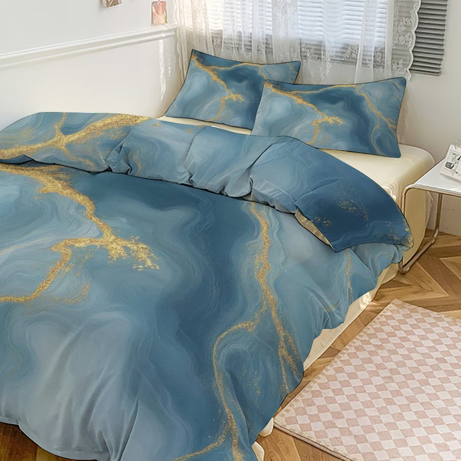 Blue Gold Marble Texture 102"x90"3 Pcs Soft Bedding Set Includes 1 ...