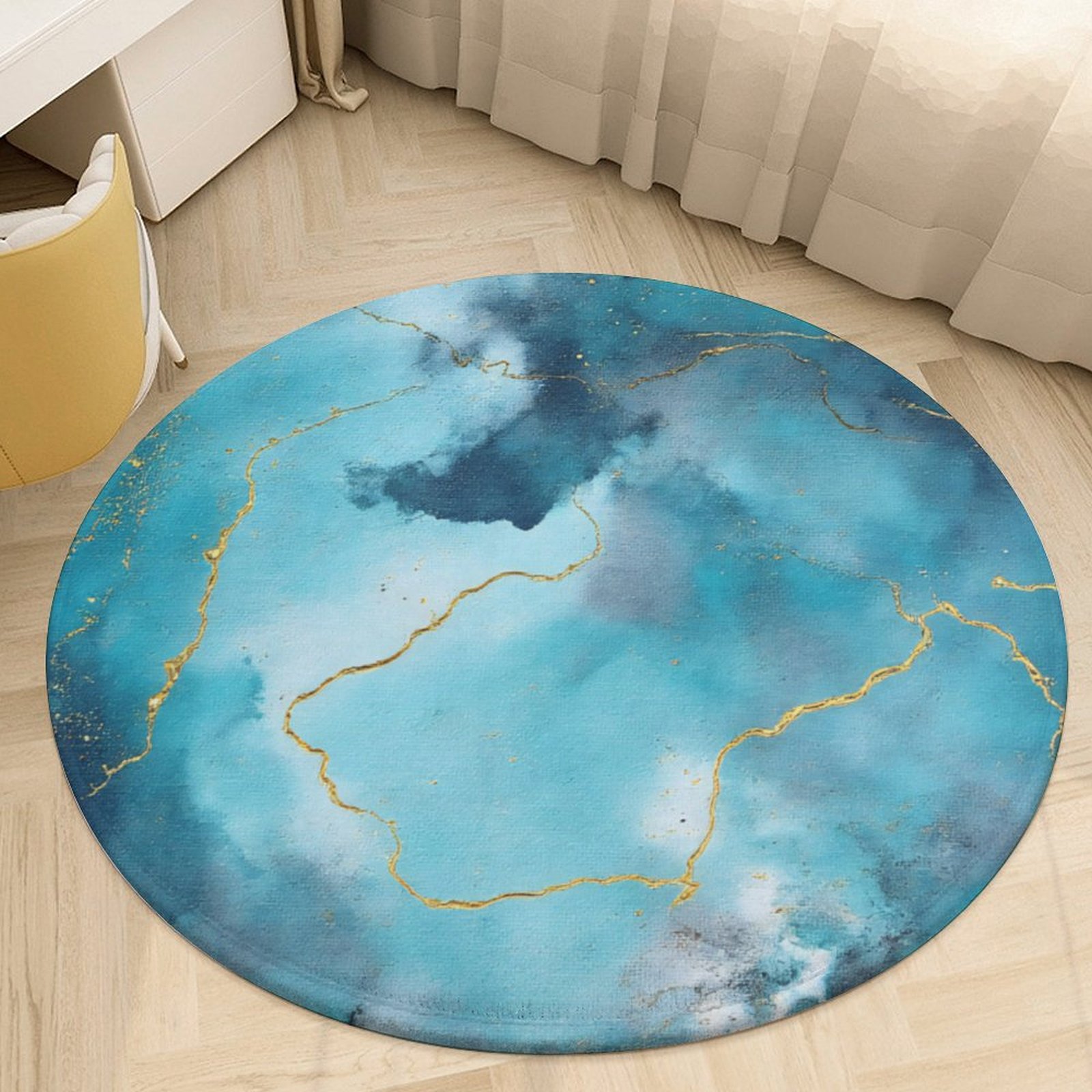 Blue Gold Marble Texture-3 Round Area Rugs for Bedroom Living Room, 4FT ...