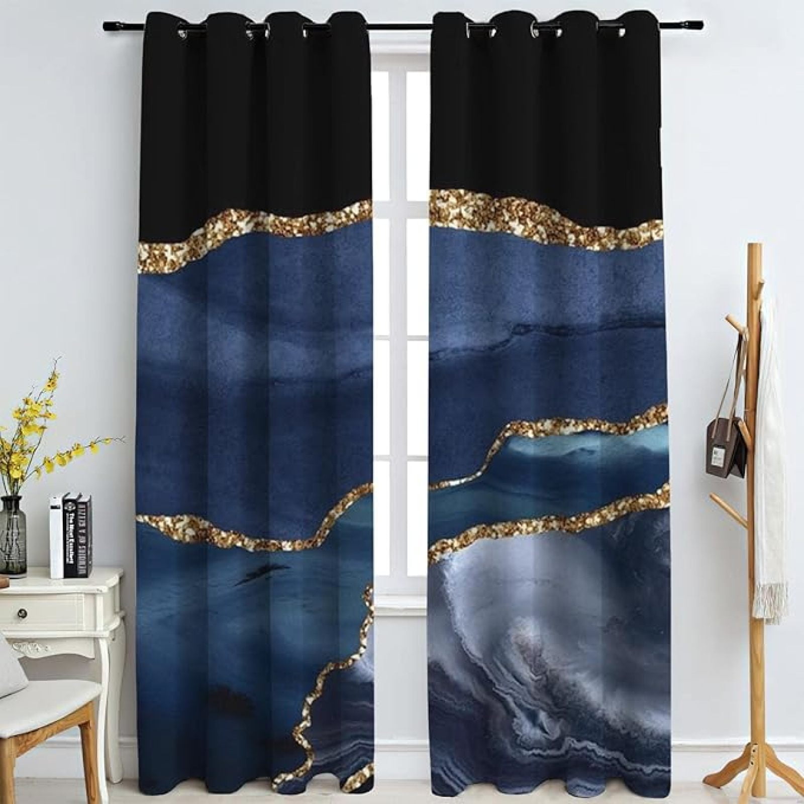 Blue Gold Marble Texture 3D Printed Drapes, Modern Luxury Art Style ...