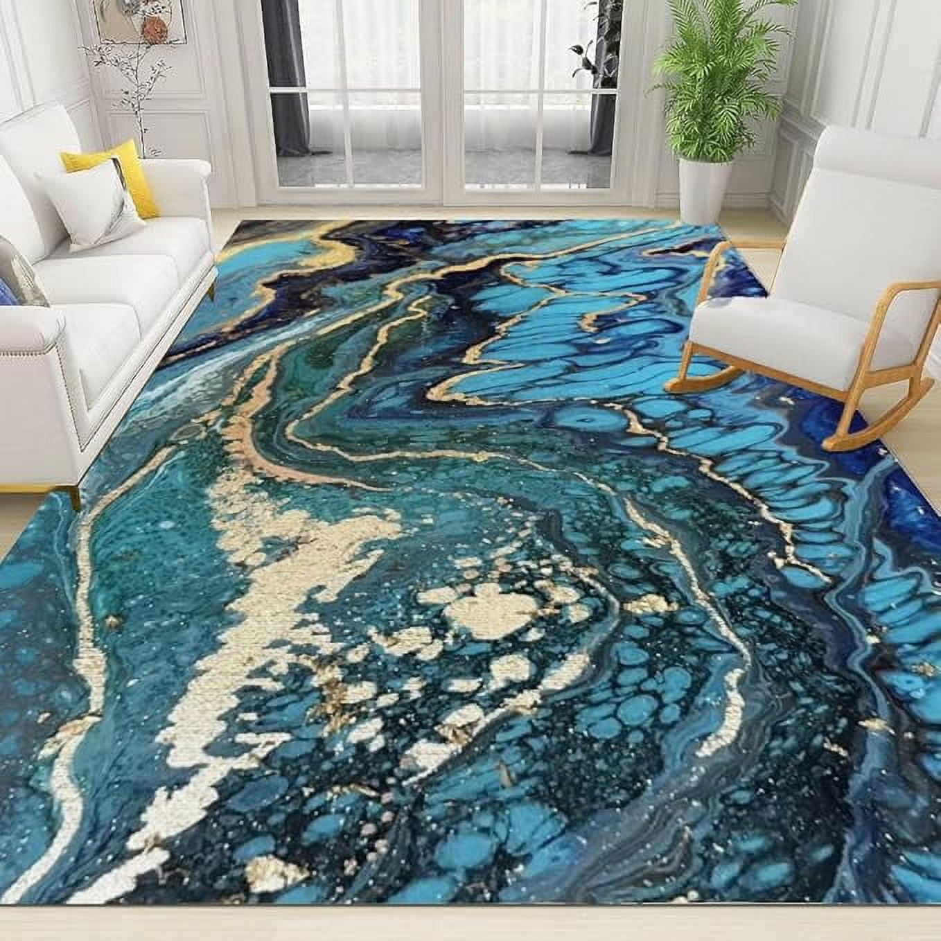 Blue Gold Marble Texture Area Rug For Living Room, Abstract Luxury ...