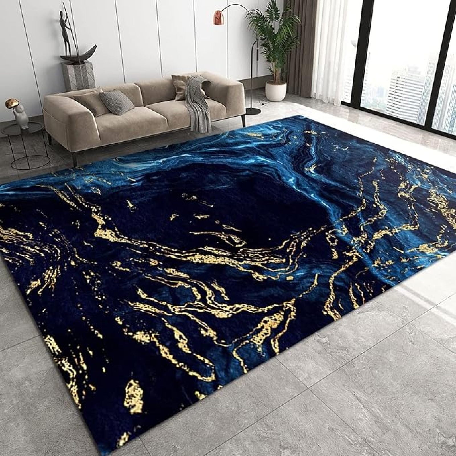 Blue Gold Marble Texture Area Rug, Luxurious Gilt Geometric Lines ...