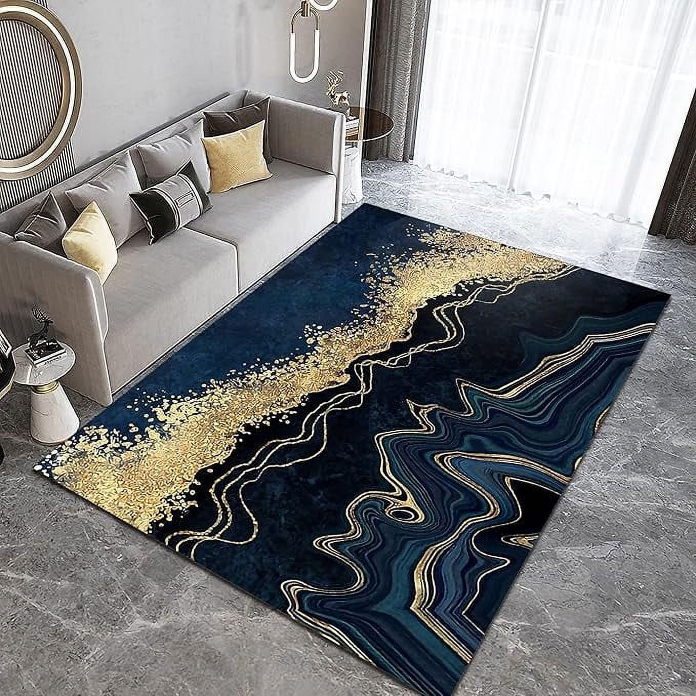 Blue Gold Marble Texture Area Rug, Luxurious Gilt Stripes Living Room ...