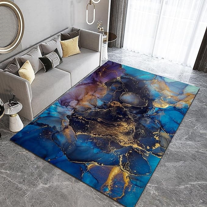 Blue Gold Marble Texture Area Rug, Retro Abstract Luxury Bedroom Carpet ...