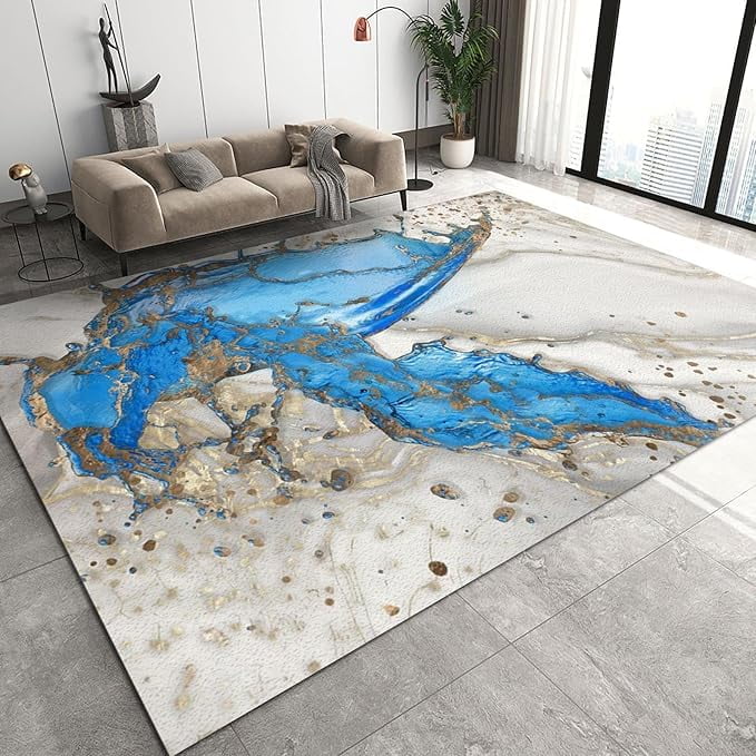 Blue Gold Marble Texture Area Rug, Retro Abstract Luxury Rugs For ...
