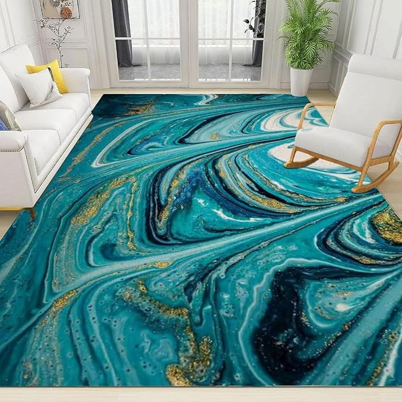 Blue Gold Marble Texture Area Rugs, Luxurious Abstract Gilt Ink Indoor ...