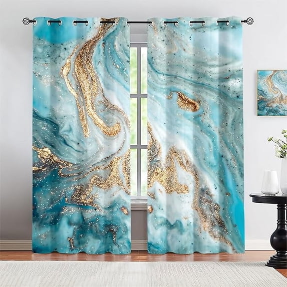 Blue Gold Marble Texture Blackout Curtains, Luxurious Gilt Geometric ...