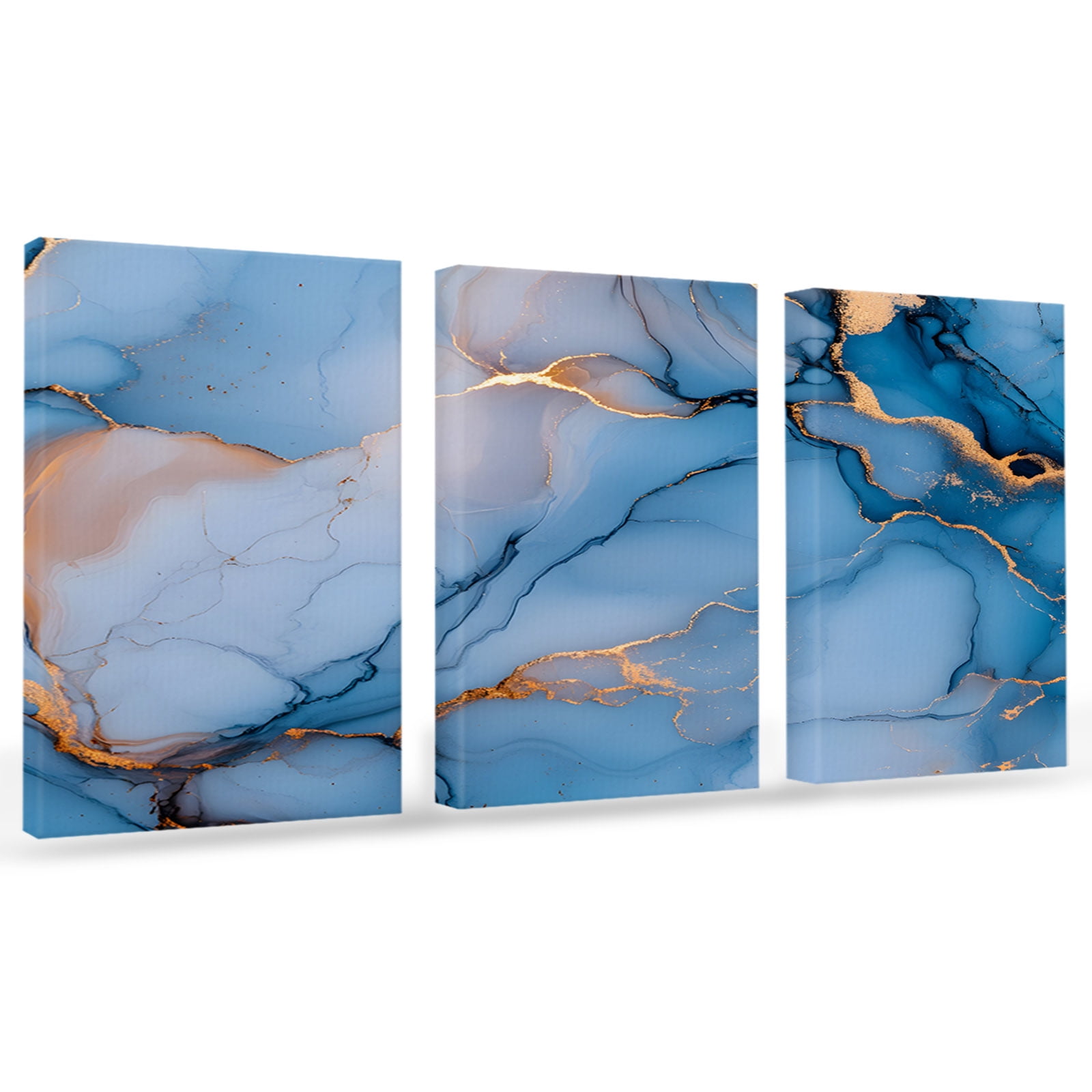 Blue Gold Marble Texture Canvas Wall Art 3 Panels, Abstract Water ...