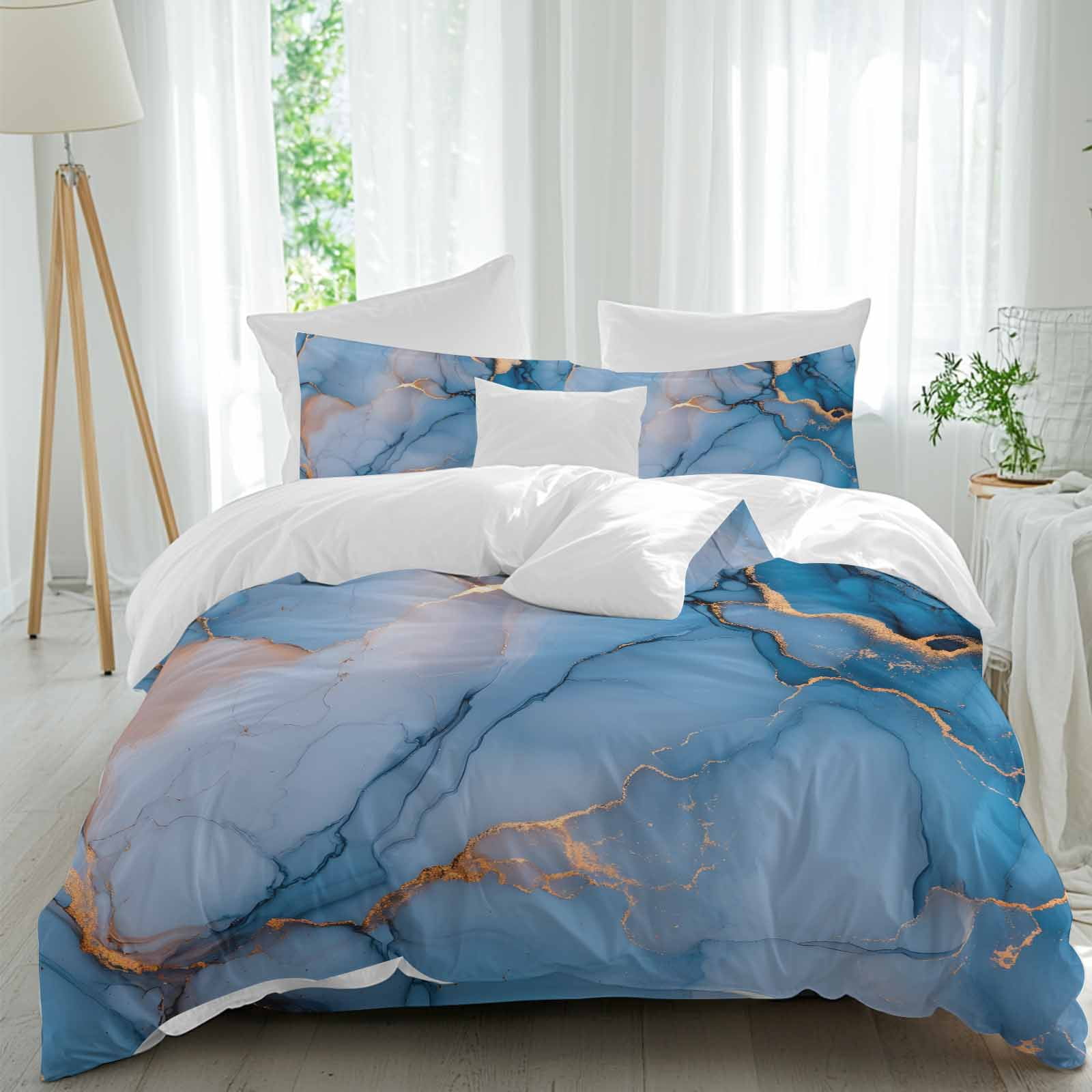 Blue Gold Marble Texture Duvet Cover Set Twin Size Abstract Water ...