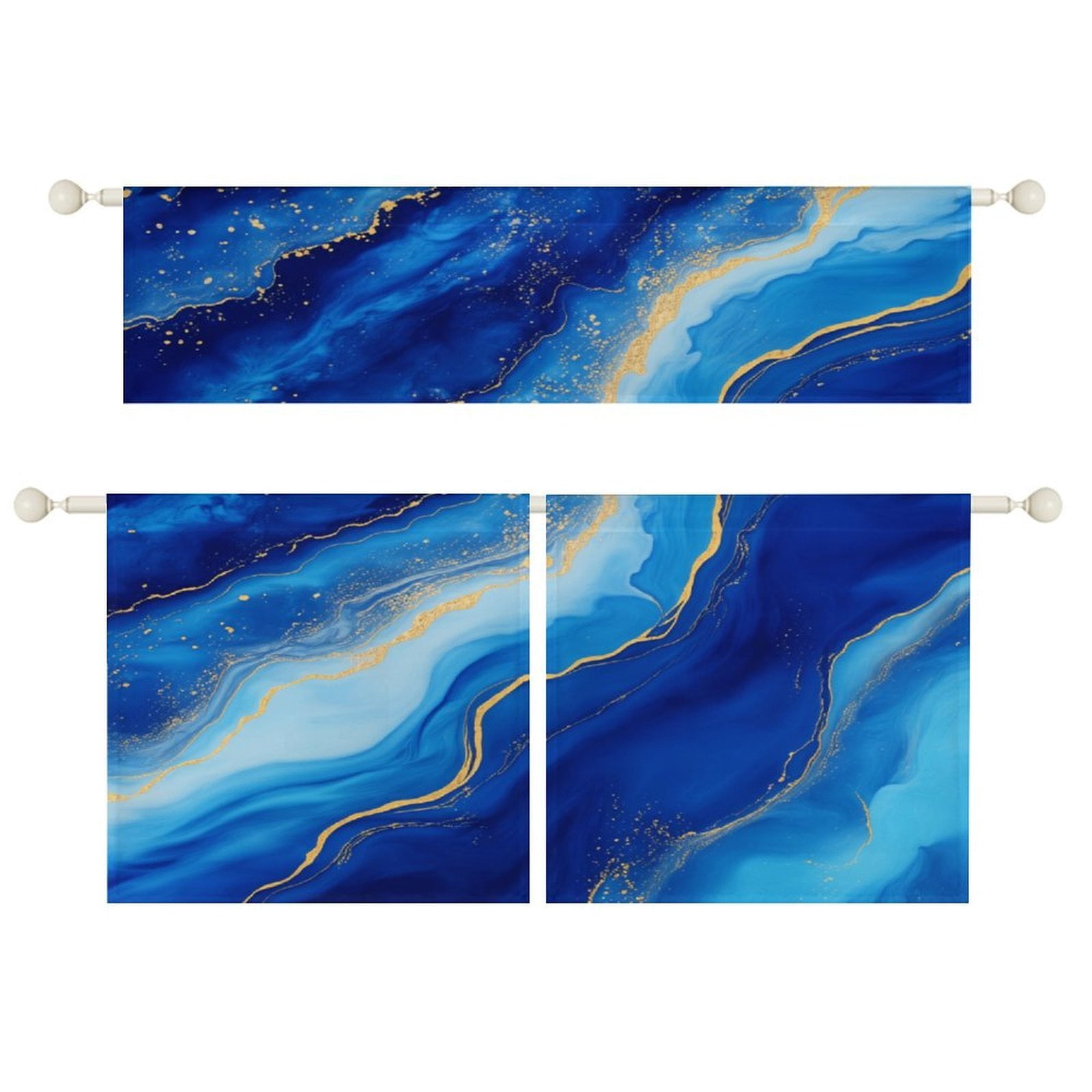 Blue Gold Marble Texture Kitchen Curtain Valance Tier Set, 3 Pieces ...
