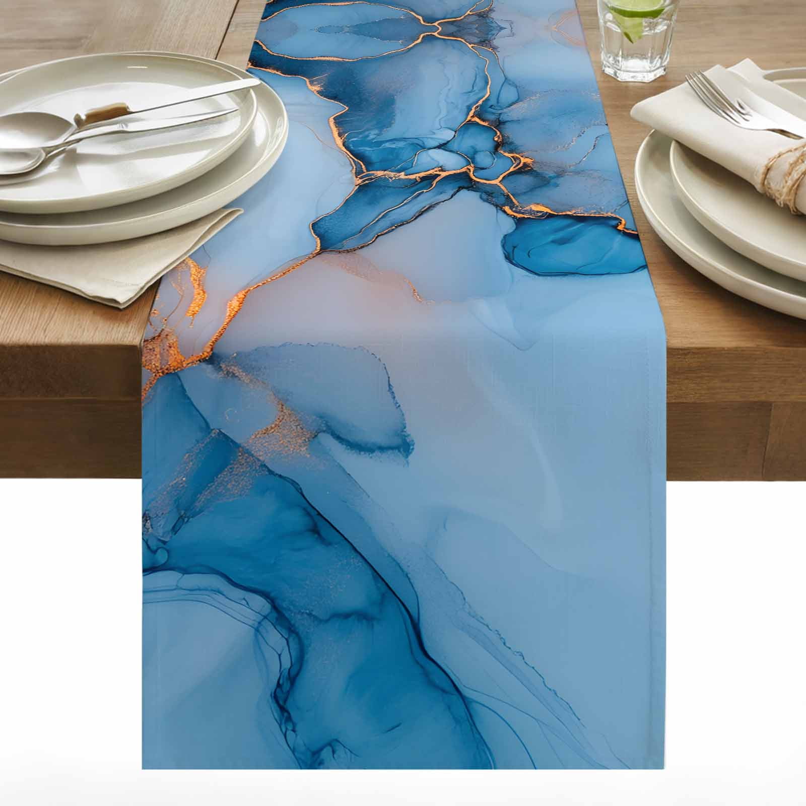 Blue Gold Marble Texture Table Runner 13x90 inch Abstract Gradient ...