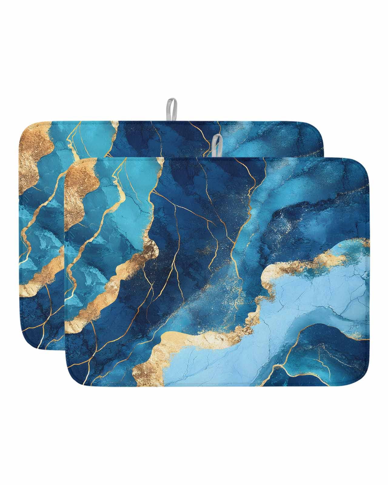 Blue Gold Marble Textured Dish Drying Mat, Abstract Modern Art ...