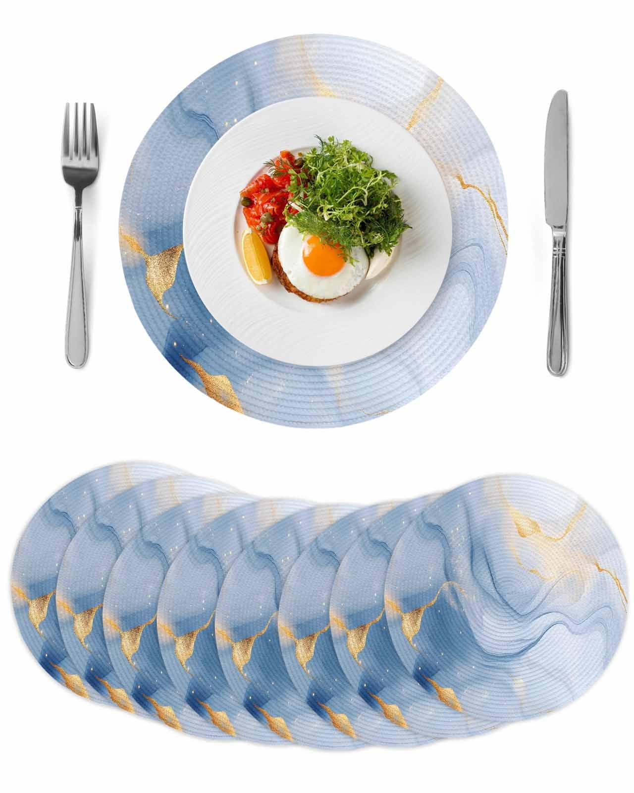 Blue Gold Marble Textured Round Table Placemats set of 8, Watercolor ...