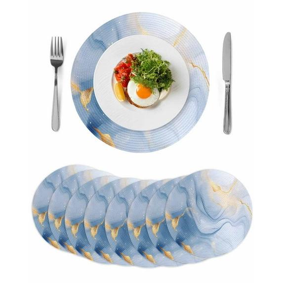 Blue Gold Marble Textured Round Table Placemats set of 8, Watercolor ...