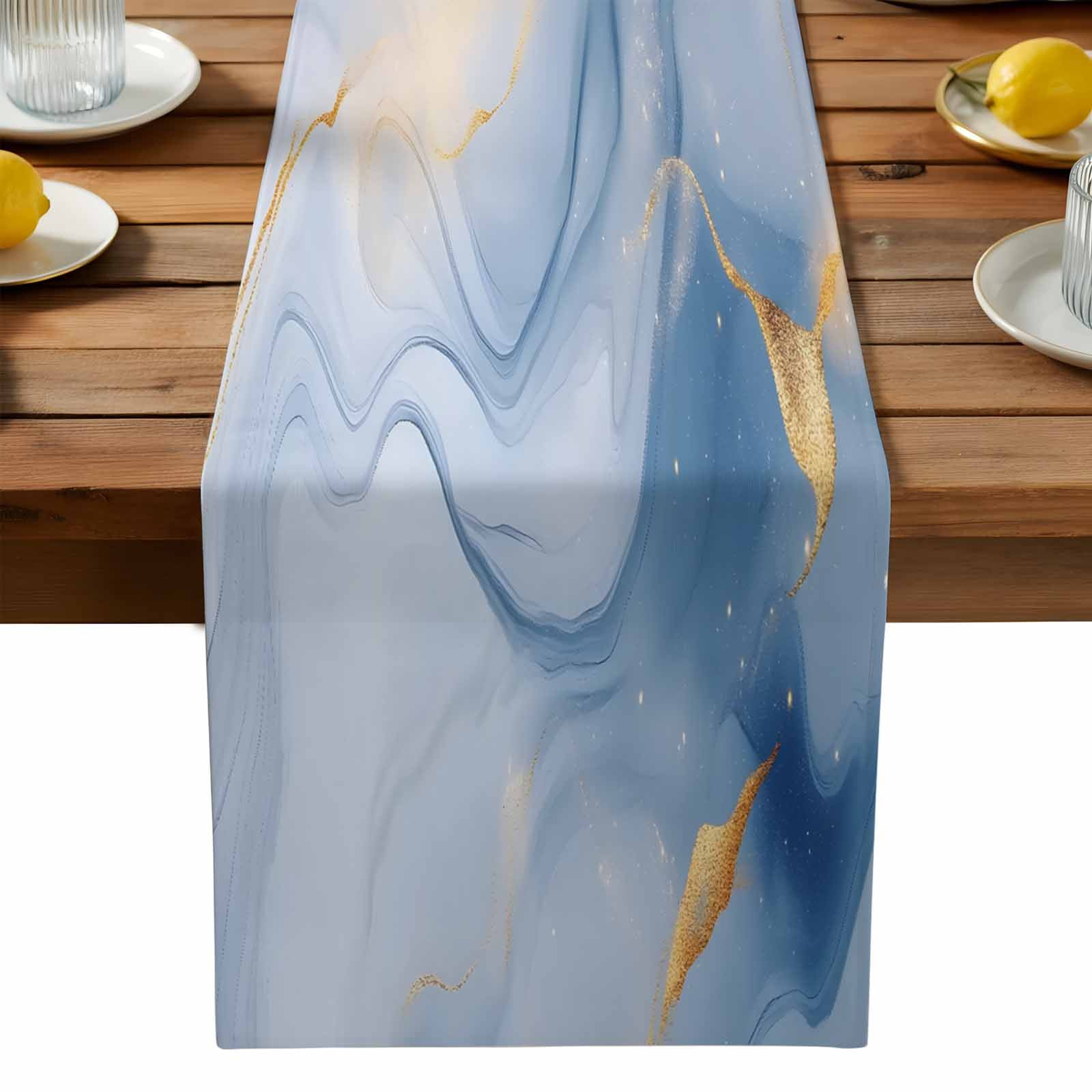 Blue Gold Marble Textured Table Runner, Watercolor Abstract Modern Art ...