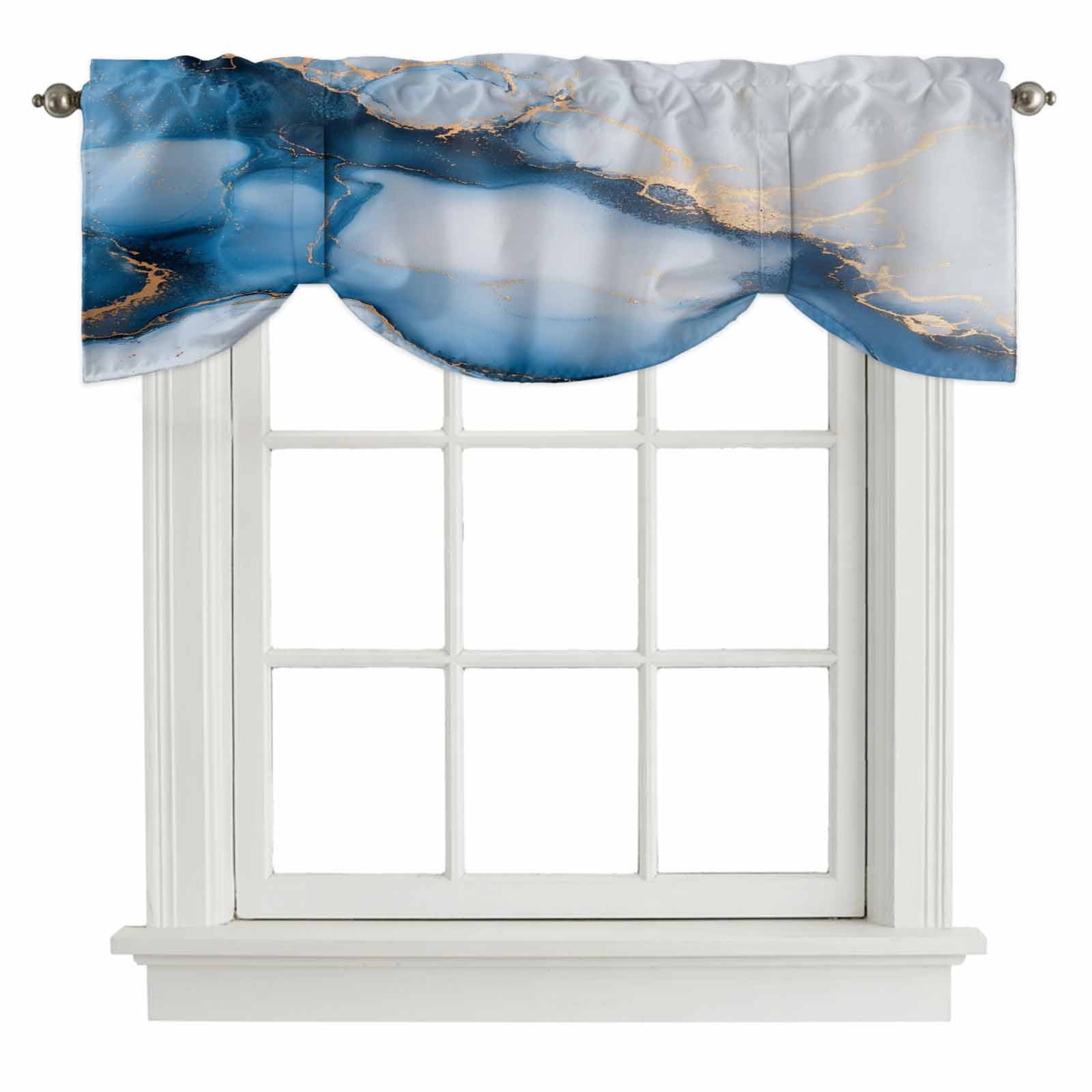 Blue Gold Marble Tie Up Valance Curtains Bronzing Watercolor Modern ...
