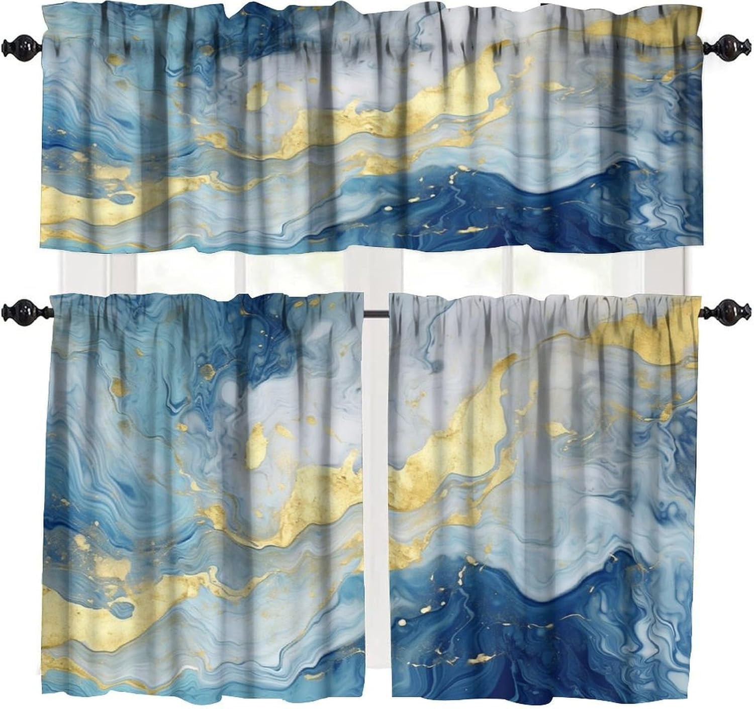Blue Gold Marble Valances Set for Kitchen, Abstract Navy Blue Gold ...
