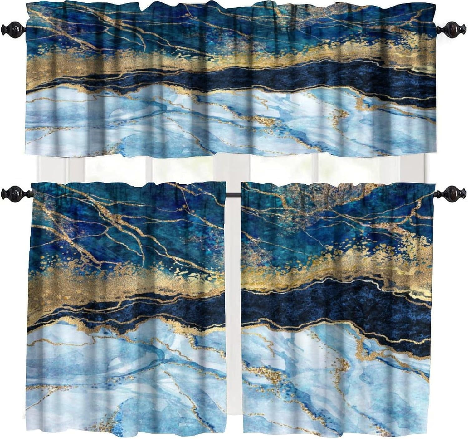 Blue Gold Marble Valances Set for Kitchen, Blue Teal Gold Abstract ...