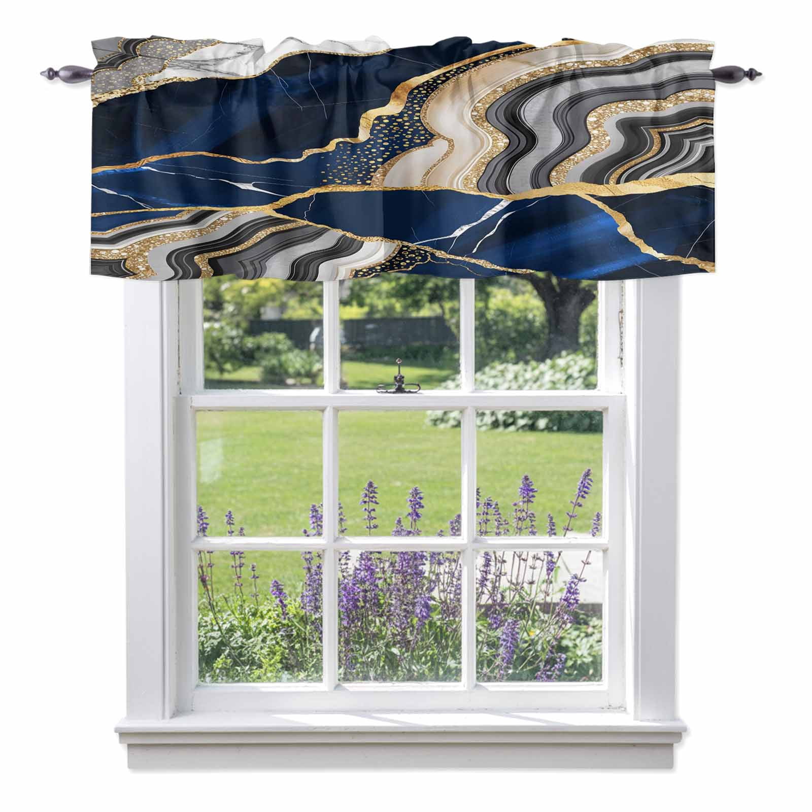 Blue Gold Marble Valances for Windows Glitter Geometric Marble Foil ...