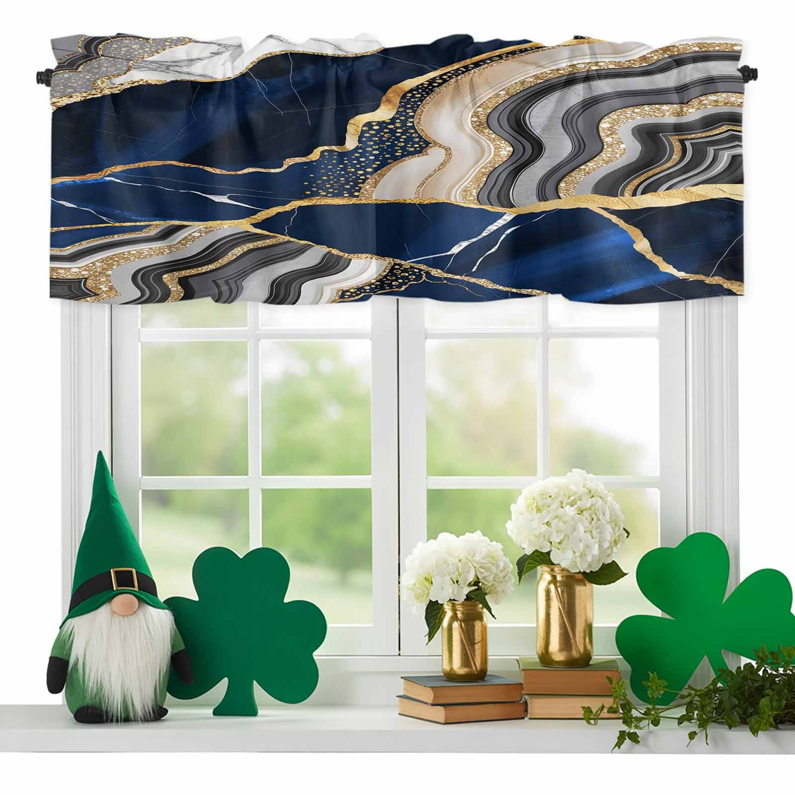 Blue Gold Marble Valances for Windows, Glitter Geometric Marble Foil ...