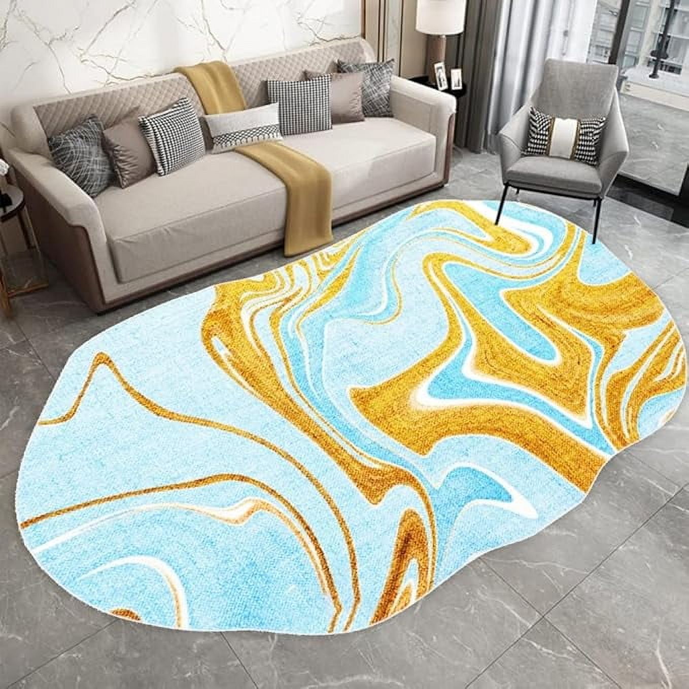 Blue Gold Modern Abstract Aesthetic Designer Area Rugs Ultra Soft ...