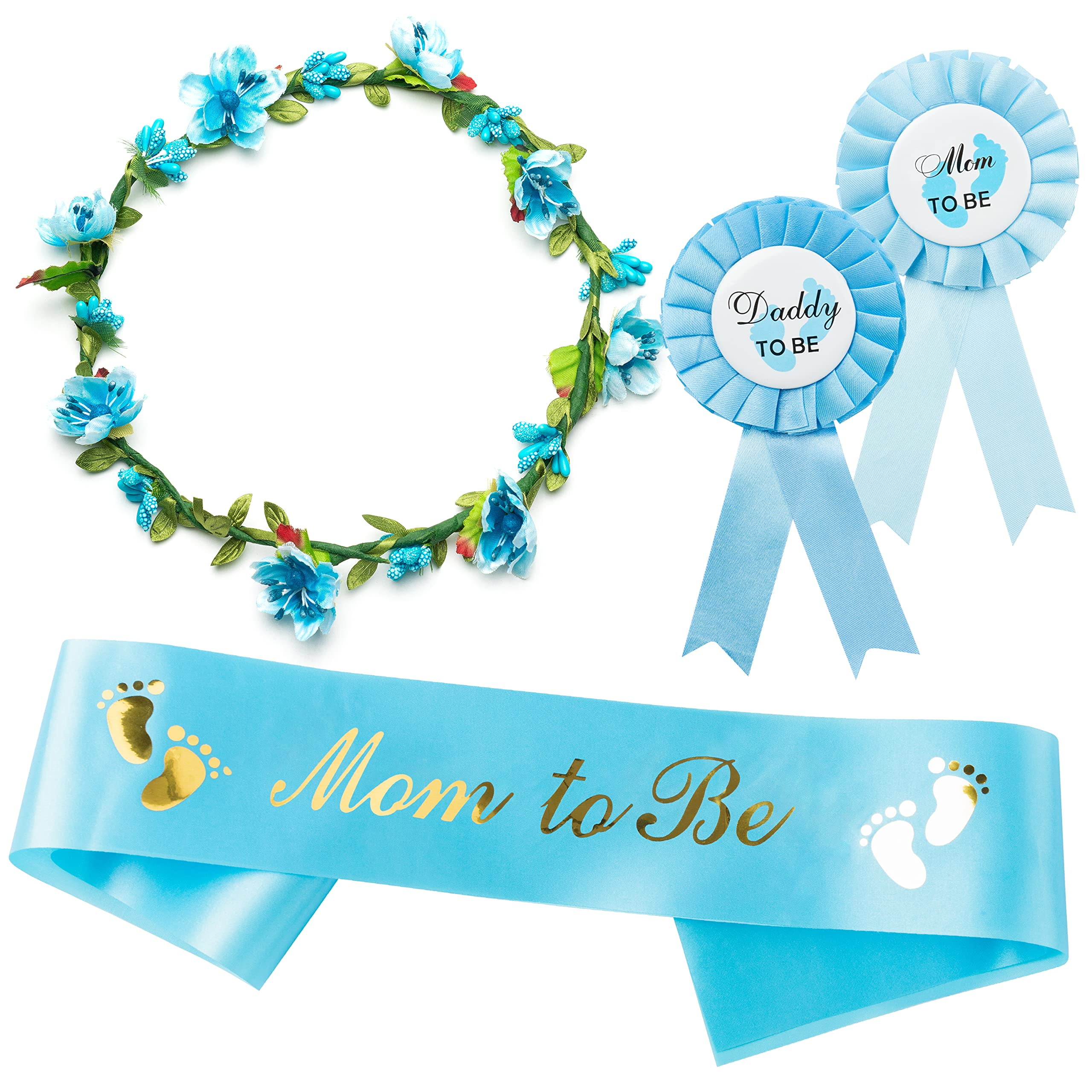 Blue And Gold Mom To Be Sash Kit Gender Reveals Party Floral Garland ...