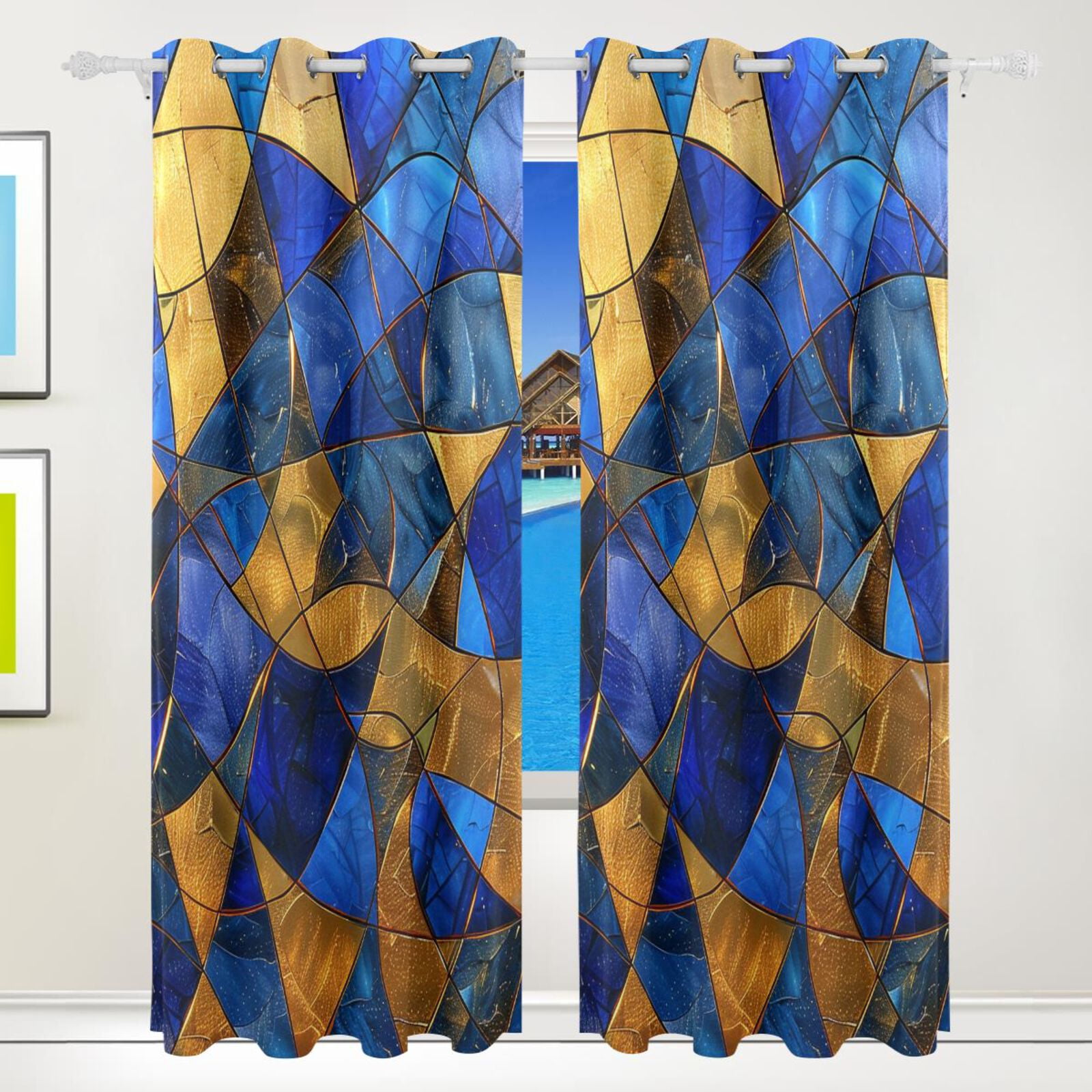 Blue Gold Mosaic Curtains Black Out 72 Inch Length Curtains for Sliding ...