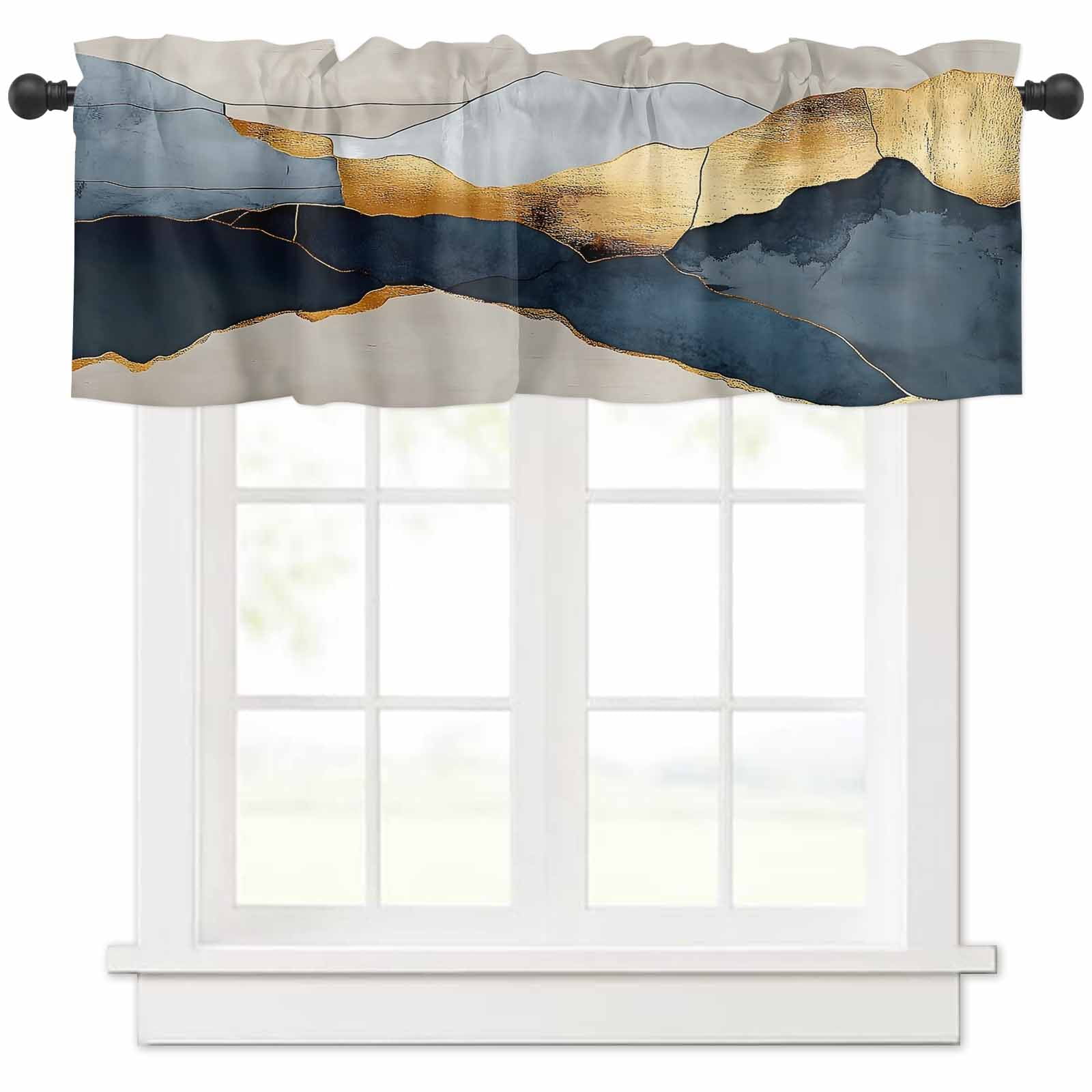 Blue Gold Mountain Valances for Windows Farmhouse Kitchen Curtains ...