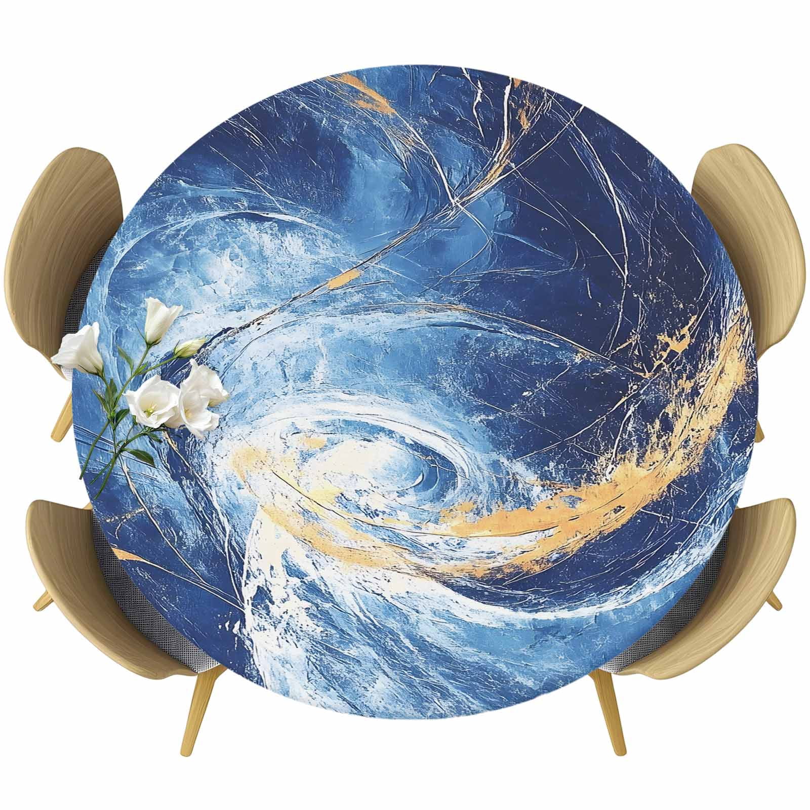 Blue Gold Ocean Round Tablecloth 45-54 Inch Round Fitted Table Cloth ...