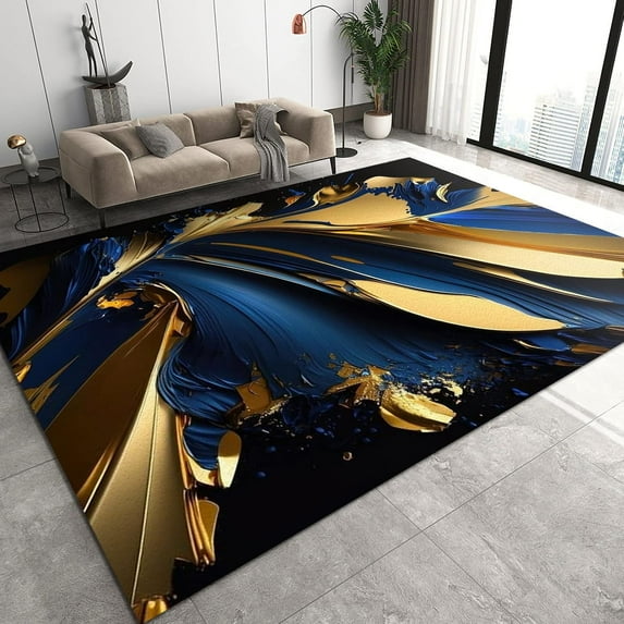 Blue Gold Oil Painting Graffiti Area Rugs, 3D Abstract Relief Feather ...