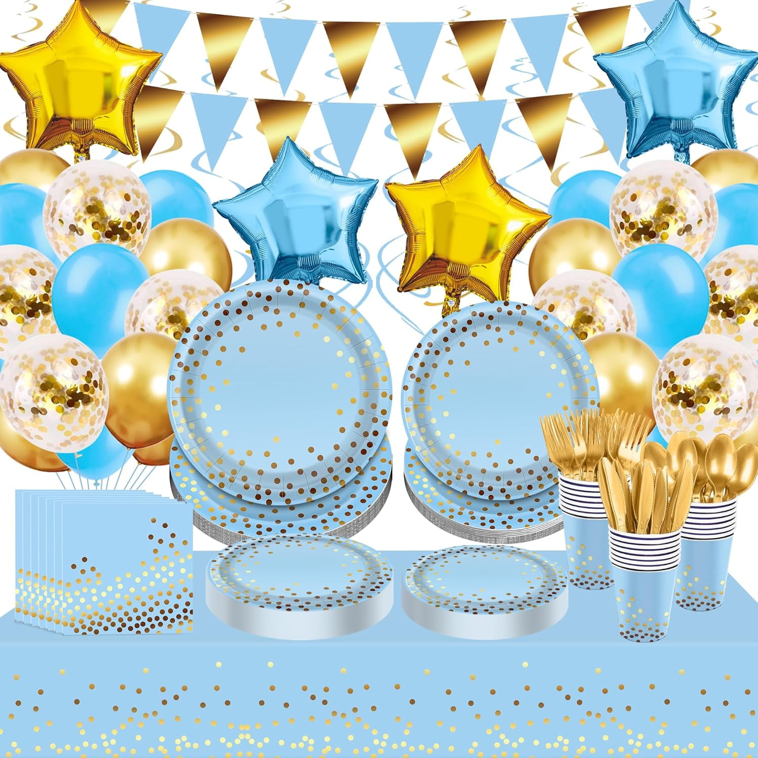 Blue Gold Party Supplies Foil Polka Dots Disposable Tableware Set ...