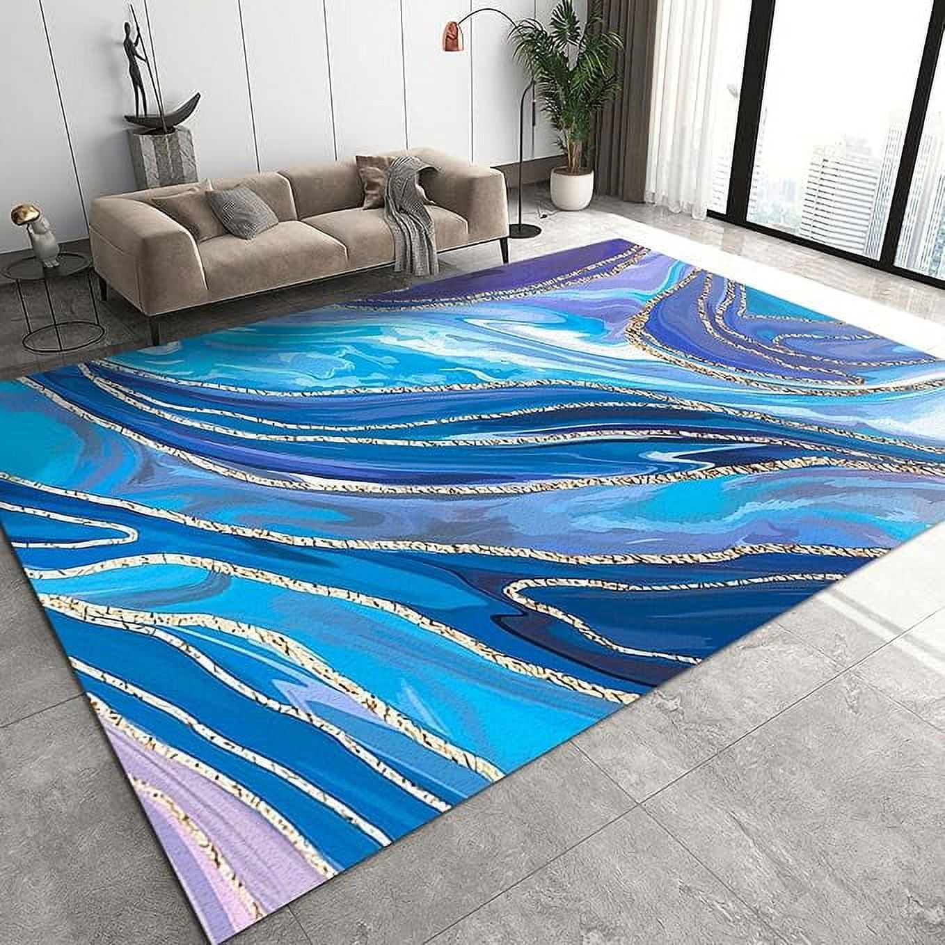 Blue Gold Pink Marble Area Rug, Modern Abstract Swirl Indoor Rug, Floor ...