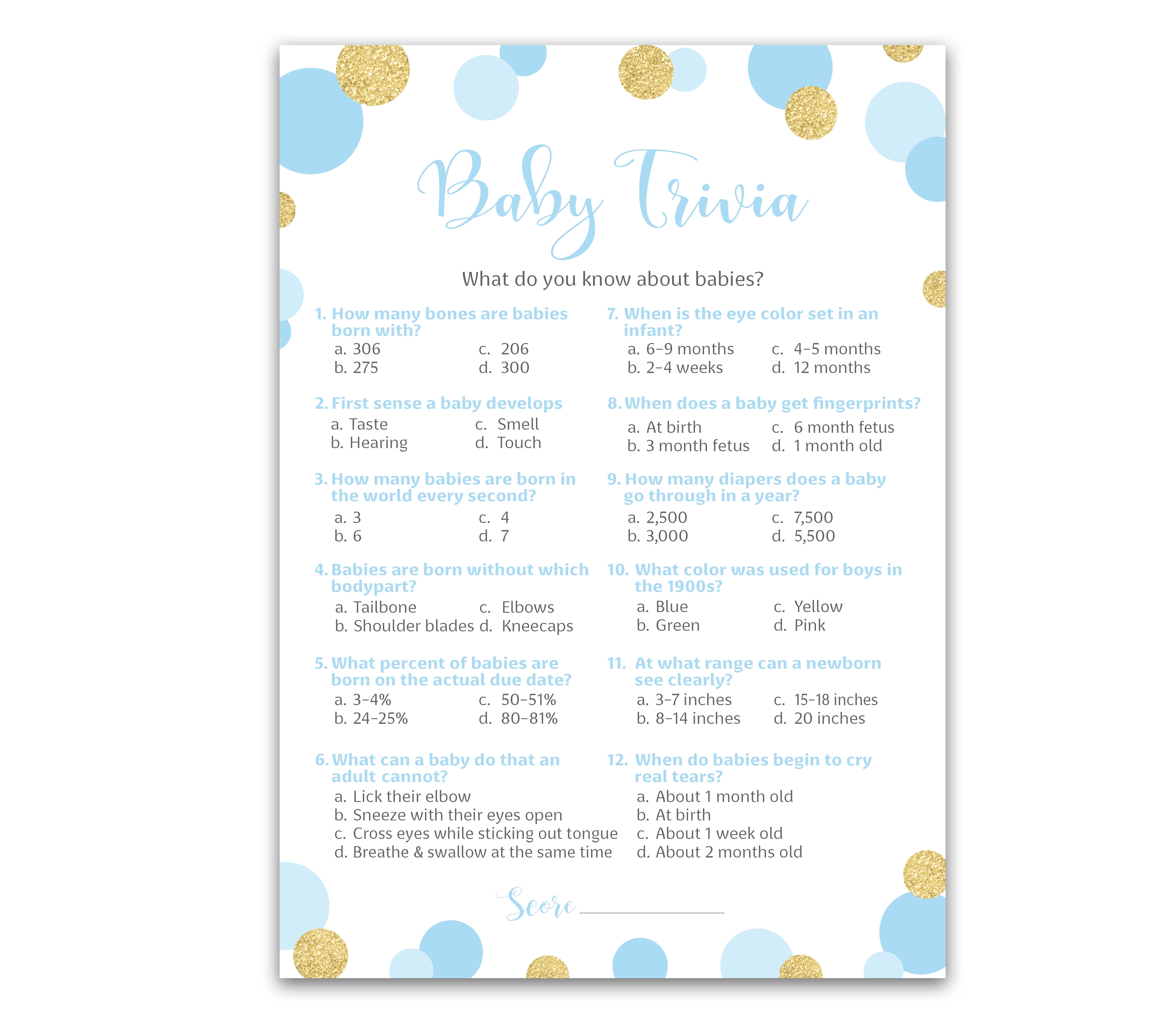 Blue and Gold Polka Dot Baby Shower Game — BABY TRIVIA Game — Pack of ...