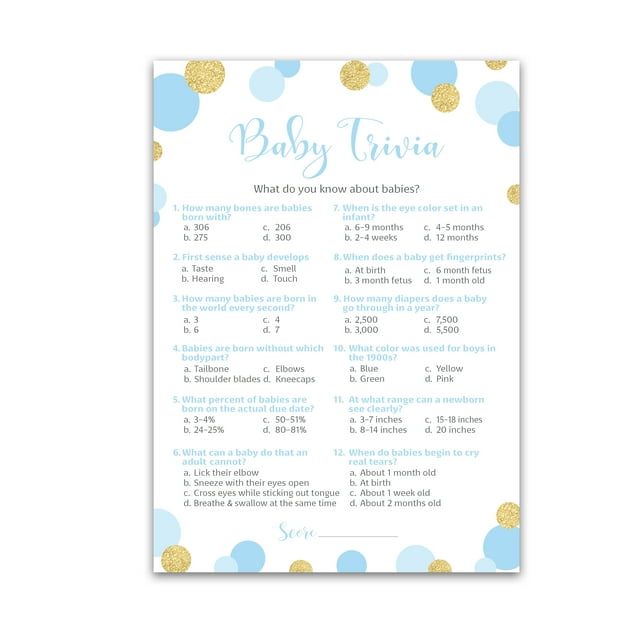 Blue and Gold Polka Dot Baby Shower Game — BABY TRIVIA Game — Pack of ...