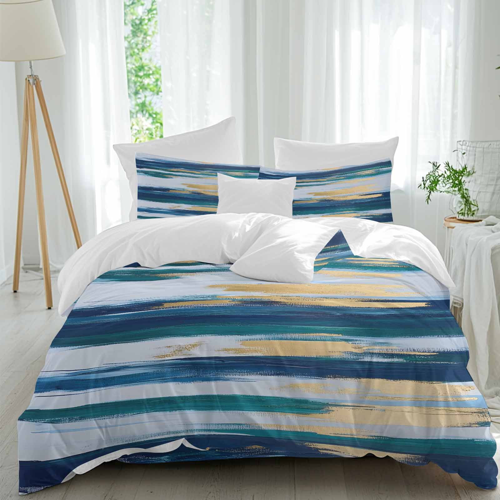 Blue Gold Ripple 4 Piece Duvet Cover Set California King Size Abstract ...