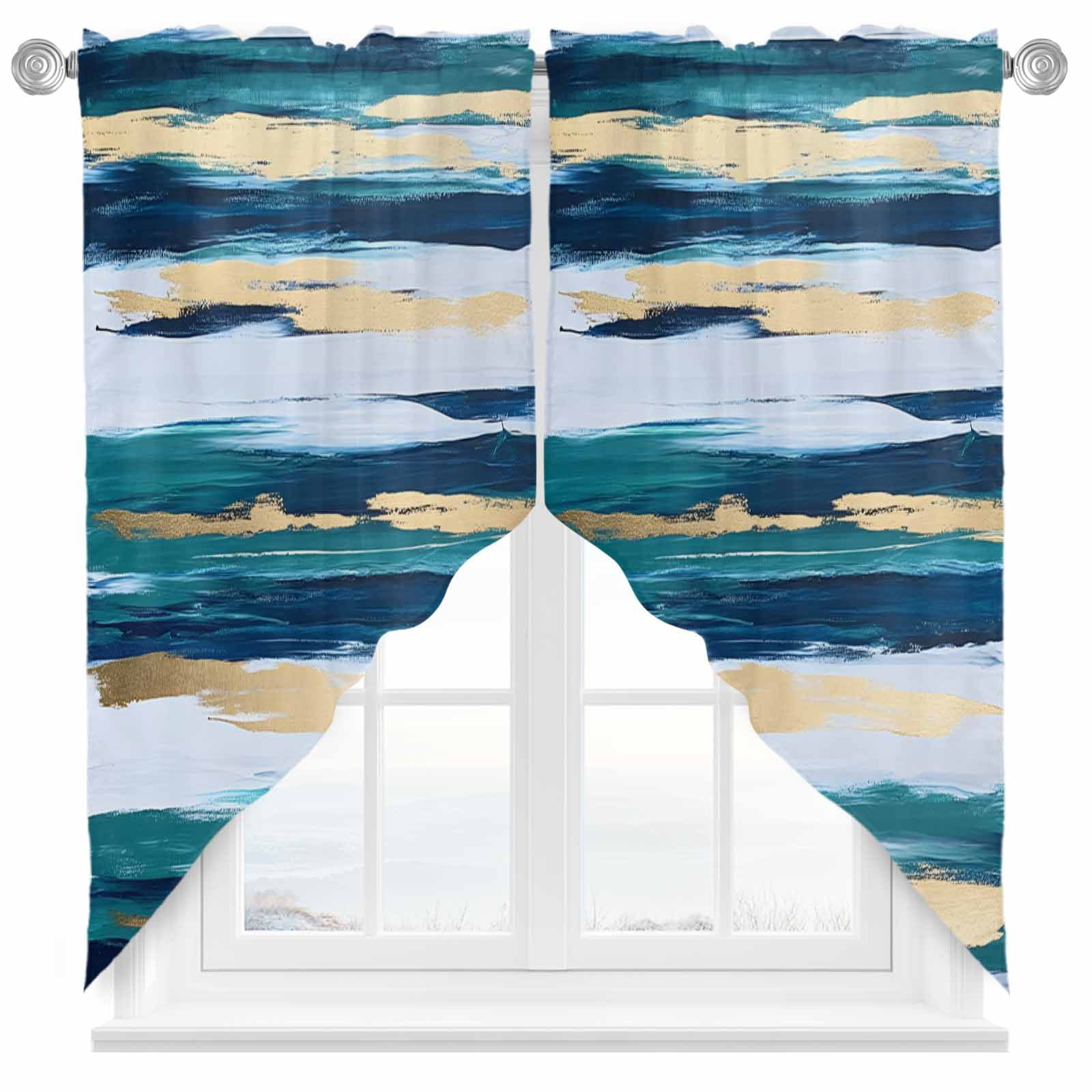 Blue Gold Ripple Swag Curtain Valance for Windows, Modern Abstract ...