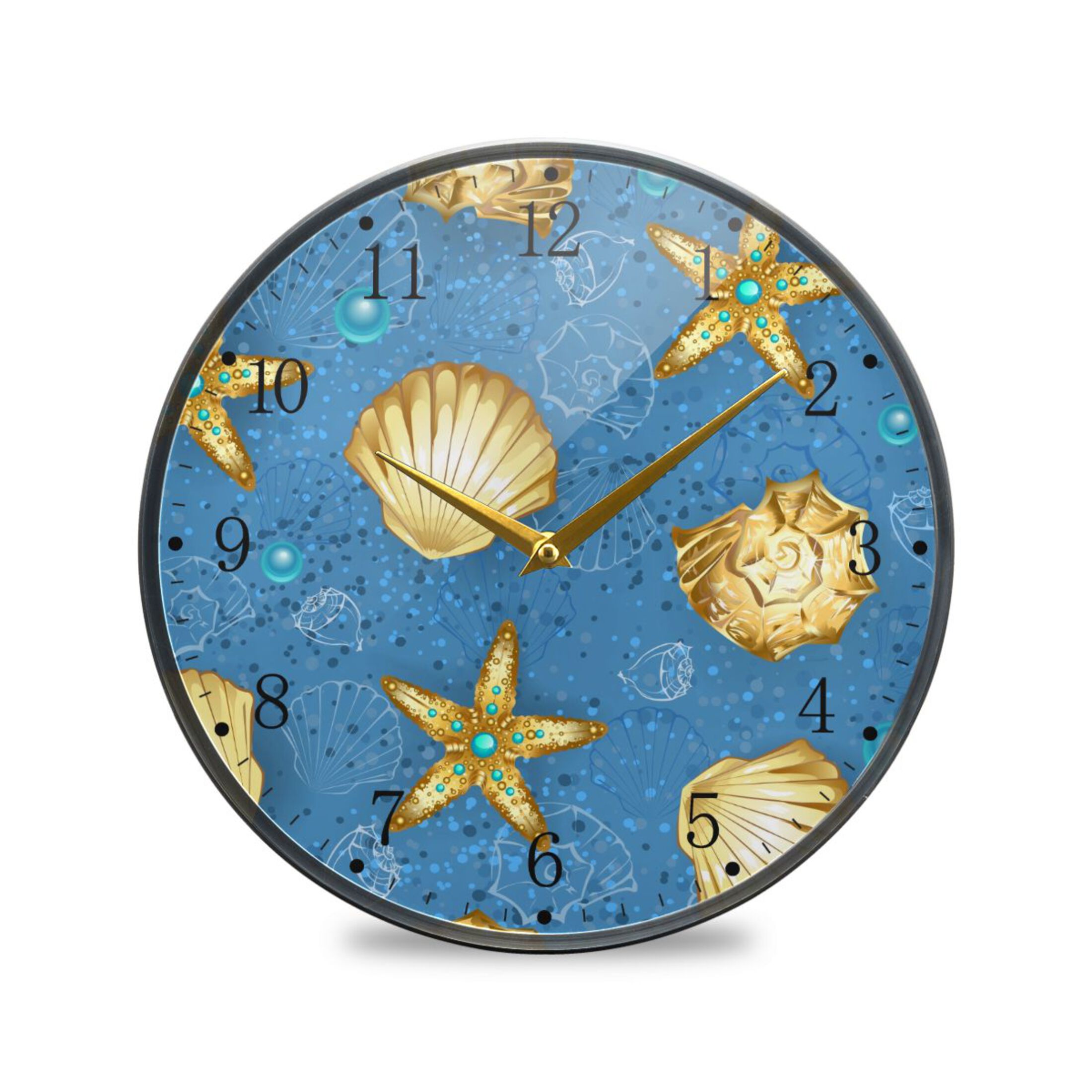 Blue and Gold Seashells Starfish Acrylic Wall Clocks Quiet Round Clock ...