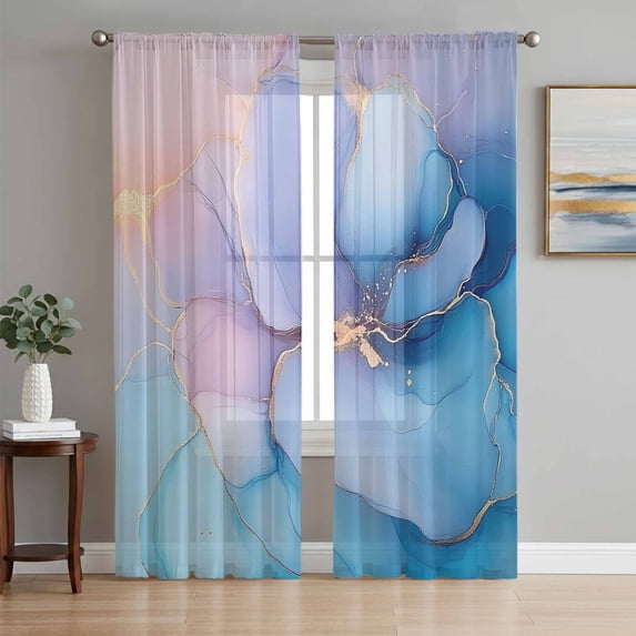 Blue Gold Sheer Curtains 96 Inch Length 2 Panels Set, Modern Purple ...